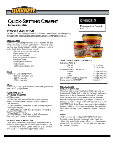 QUIKRETE 1240-50 50 lbs. Quick Setting Cement Specification | Manualzz