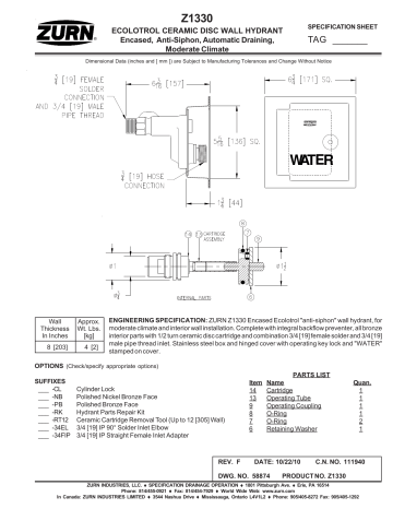 Zurn HYD-RK-Z1330-OS Hydrant Repair Kit for Zurn Z1330-C Ecolotrol Wall Hydrant Specification ...