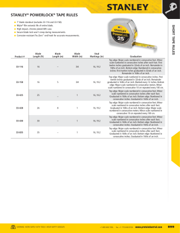 Stanley 33-425 PowerLock® 25 ft. Tape Measure Specification | Manualzz