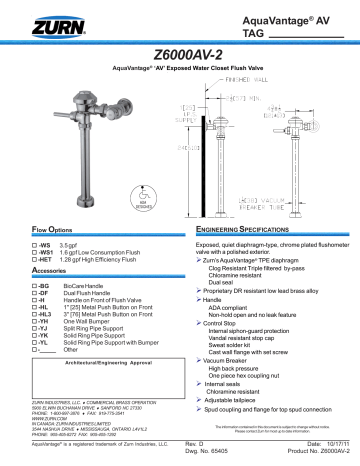 Zurn Z6000AV-2 3.5 GPF Exposed Flush Valve Specification | Manualzz