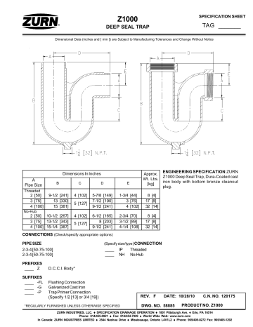 Zurn Z1000-4NH 2 in. No-Hub Deep Seal P-Trap Specification | Manualzz