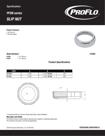 ProFlo BS3B 1-1/2 in. Zinc Slip Nut Specification | Manualzz