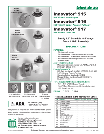 Watco 915-LT-PVC-CP Innovator® Plastic Lift & Turn Drain Specification ...
