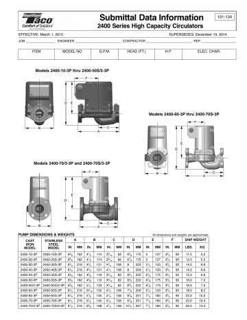 Taco 2400-40S-3P 90 gpm 1/6 hp 115V Circulator Pump Specification | Manualzz