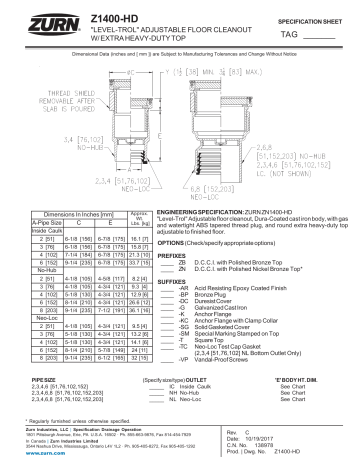 Zurn ZN1400-3NL-HD Cleanout Specification | Manualzz
