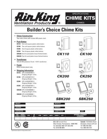 Air-King CK250 Door Entry Chime Kit Specification | Manualzz