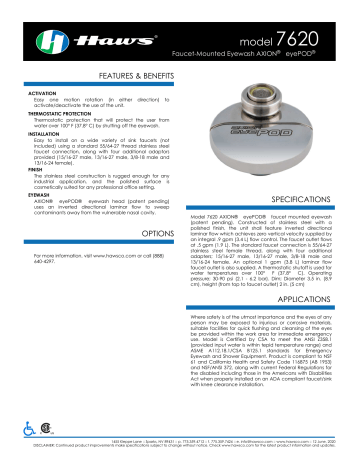 Haws 7620 Axion® eyePOD® 1 gpm Modular Eyepod Eyewash Specification ...