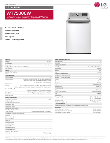 LG Electronics WT7500CW 5.2 cf Top Load Washer Specification | Manualzz