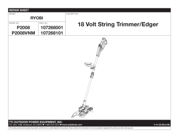 Ryobi P2080 18V ONE+ 13" String Trimmer/Edger Kit User manual | Manualzz