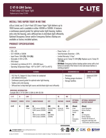 C-Lite C-VT-B-LIN4 Series LED Linear Vapor Tight Spec Sheet | Manualzz