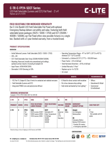 C-Lite C-TR-C-FP24-SCCT Series LED Selectable Flat Panel 2’x4′ Spec ...
