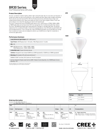 Cree Lighting BR30 Pro Series Lamp Spec Sheet | Manualzz