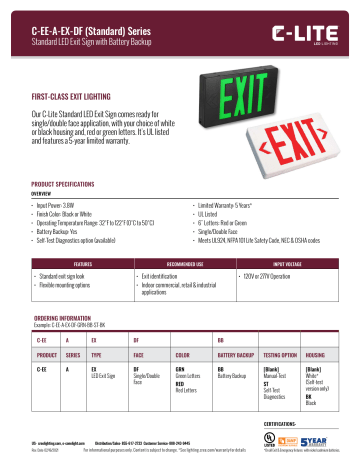 C-Lite Standard LED Exit Sign Spec Sheet | Manualzz