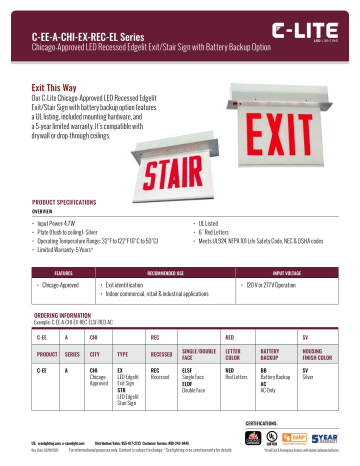 C-Lite Chicago-Approved LED Recessed Edgelit Exit/Stair Sign Spec Sheet ...