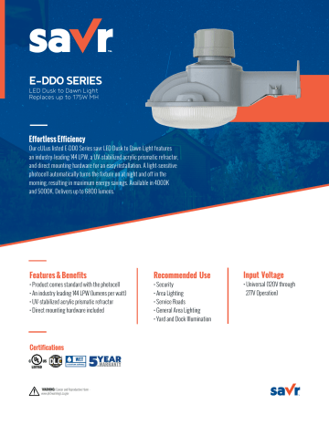 Savr E-DD0 Series Dusk to Dawn Spec Sheet | Manualzz