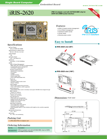 IEI Integration iRIS-2620 IPMI 2.0 adapter card Datasheet | Manualzz