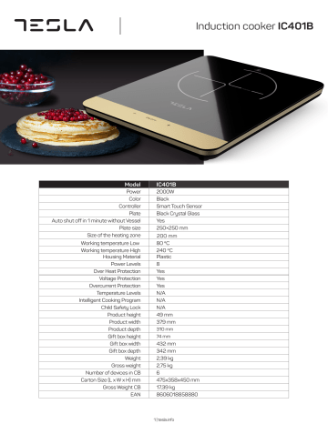 Tesla IC401B Induction cooker Specifications | Manualzz