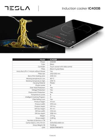 Tesla IC400B Induction cooker Specifications | Manualzz
