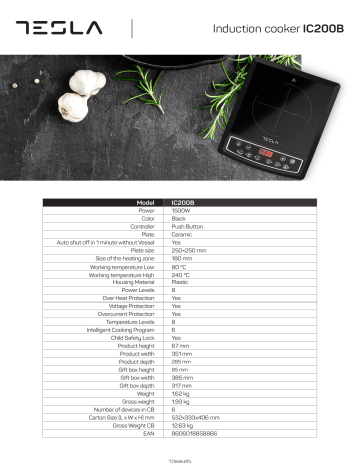 Tesla IC200B Induction cooker Specifications | Manualzz