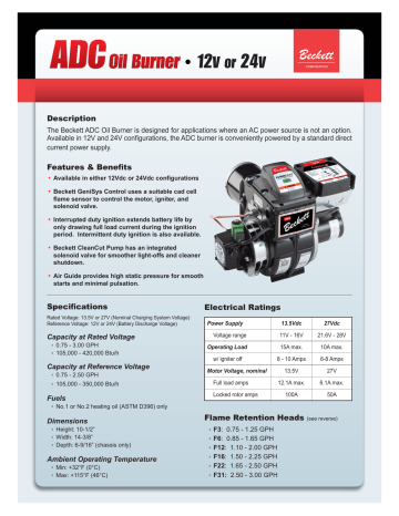 Beckett ADC Oil Burner Product Sheet | Manualzz