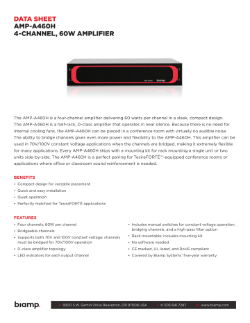 Biamp AMP-A460H Amplifier Data Sheet | Manualzz