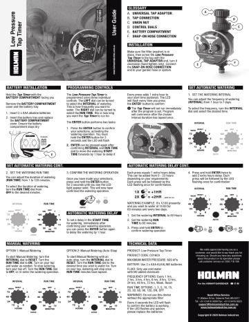HOLMAN CO1603 Low Pressure Tap Timer User guide | Manualzz