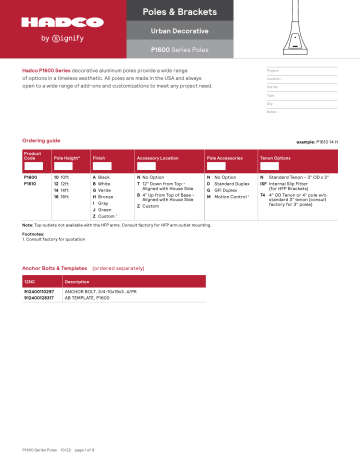 Hadco P1600 Series Poles (P1600, P1610) Specifications | Manualzz
