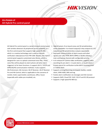 Hikvision DS-PHA64-LP Intrusion Alarm Panel Data Sheet | Manualzz