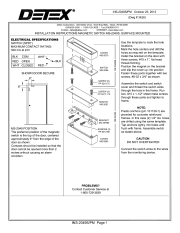 Detex MS-2049S Magnetic Switch Installation Instructions | Manualzz
