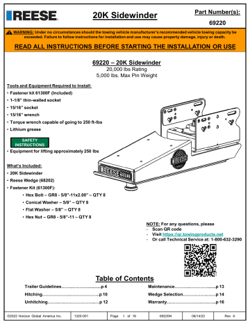 Reese 69220 Sidewinder™ 5th Wheel Pin Box, 20,000 lbs. Capacity, Fits ...