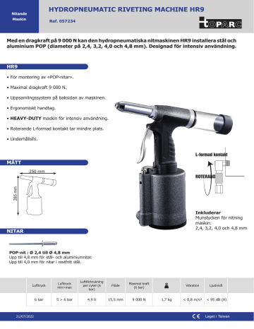 GYS HR9 HYDROPNEUMATIC RIVETING MACHINE Datablad | Manualzz