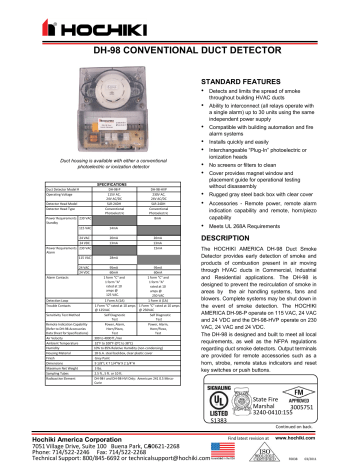 Hochiki DH-98 Conventional Duct Detector Data Sheet | Manualzz