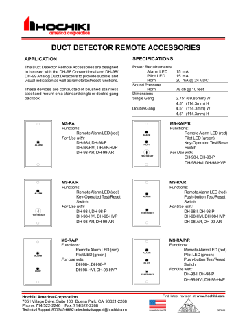 Hochiki DH-98 Duct Detector Remote Accessories Data Sheet | Manualzz
