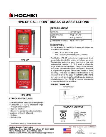 Hochiki HPS-CP Call Point Break Glass Station Data Sheet | Manualzz