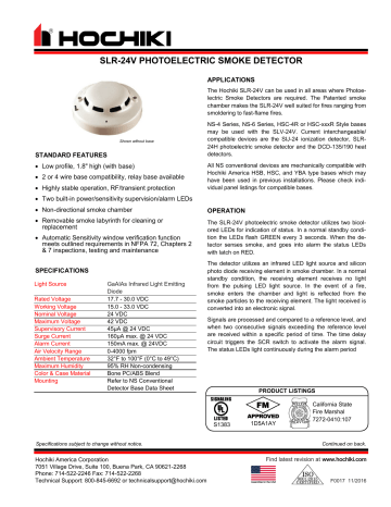 Hochiki SLR-24V Photoelectric Smoke Detector Data Sheet | Manualzz