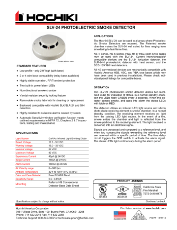 Hochiki SLV-24 Photoelectric Smoke Detector Data Sheet | Manualzz