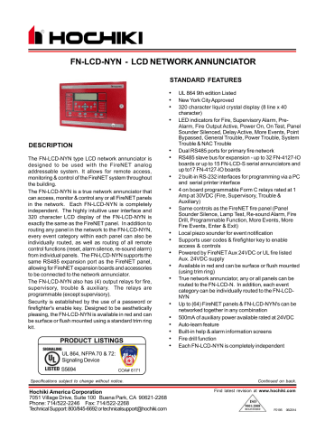 Hochiki FN-LCD-NYN LCD Network Annunciator Data Sheet | Manualzz