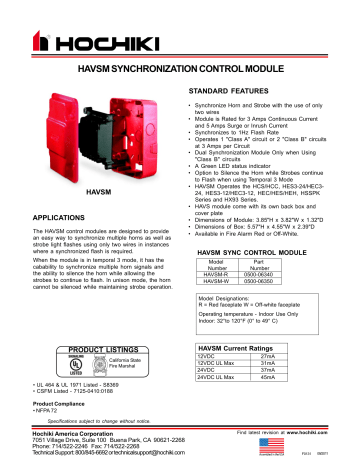 Hochiki HAVSM Synchronization Control Module Data Sheet | Manualzz