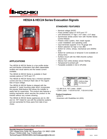 Hochiki HES24 & HEC24 Series Evacuation Signals Data Sheet | Manualzz