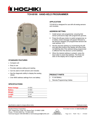 Hochiki TCH-B100 Analog Hand-Held Programmer Data Sheet | Manualzz