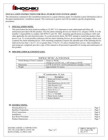 Hochiki PB-SA PUSH BUTTON SYSTEM ABORT Installation Instructions | Manualzz