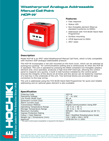 Hochiki HCP-W Specification | Manualzz