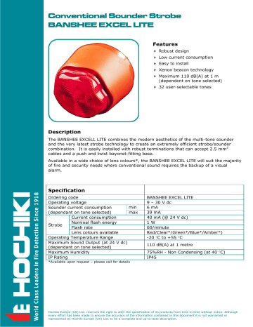 Hochiki Banshee Excel Lite Specification | Manualzz