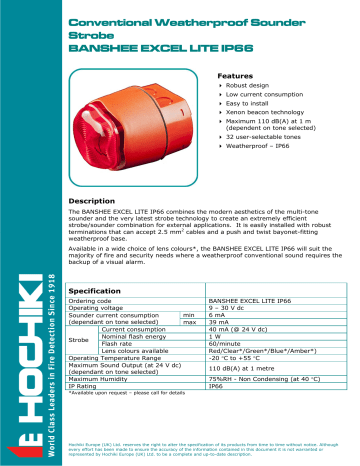 Hochiki Banshee Excel Lite IP66 Specification | Manualzz
