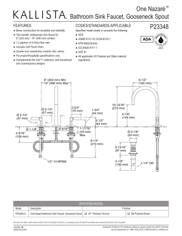 Kallista P23348-LV-SN Sink Faucet Specification Sheet | Manualzz