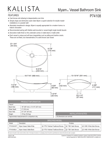Kallista P74108-WHT-TSB Vessel Specification Sheet | Manualzz