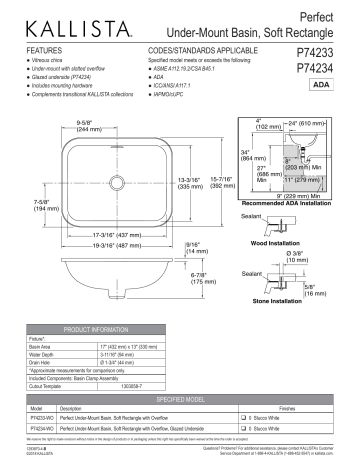 Kallista P74234-WO-0 Under-mount Sink Specification Sheet | Manualzz