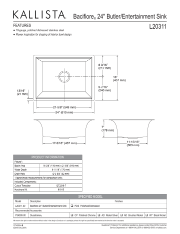 Kallista L20311-00-PDS 24" Butler Sink Specification Sheet | Manualzz