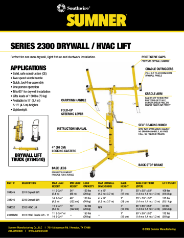 Southwire 2315HVAC 2315 HVAC Cradle Lift Specifications | Manualzz