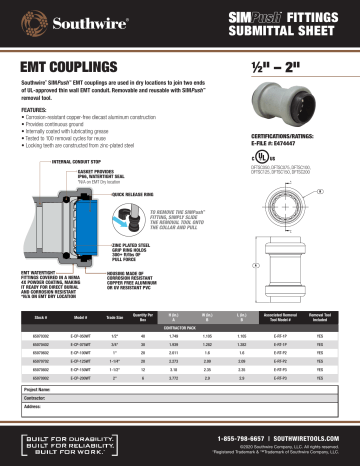 Southwire E-CP-075 3/4" EMT Push Install Coupling Specifications | Manualzz